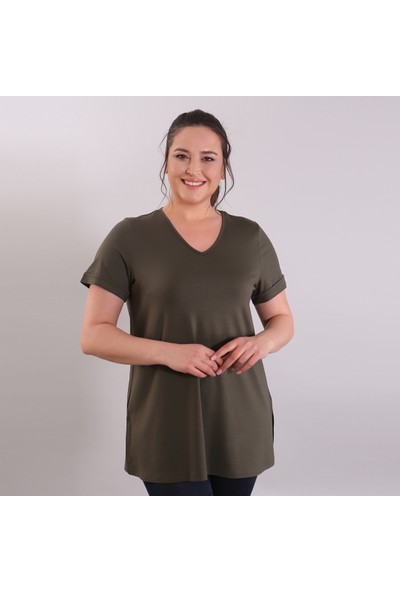 TREND42PLUS V Yaka Basic Haki Büyük Beden Bluz