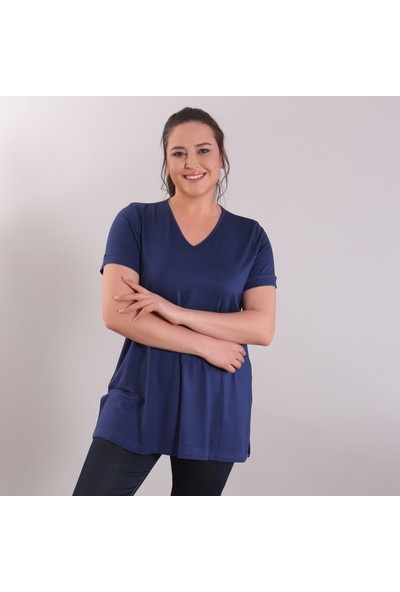 TREND42PLUS V Yaka Basic Indigo Büyük Beden Bluz