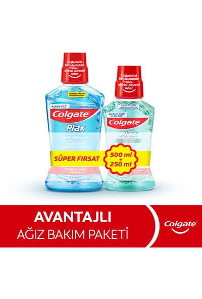 Colgate Plax Nane Ferahlığı Plağa Karşı Alkolsüz Ağız Bakım Suyu 500 ml + Plax Taze Nane 250 ml Colgate Plax Nane Ferahlığı Plağa Karşı Alkolsüz Ağız Bakım Suyu 500 ml + Plax Taze Nane 250 ml