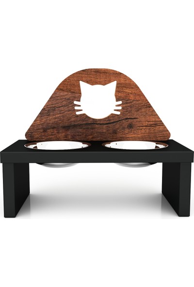 Çelik Kaseli Kedi Figürlü Ahşap Kedi Mama ve Su Kabı