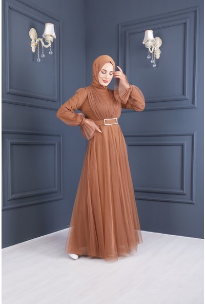 Moda Echer Tesettür Abiye Tül ve Pile Detaylı Elbise 7396