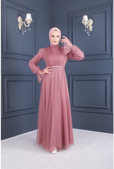 Moda Echer Tesettür Abiye Tül ve Pile Detaylı Elbise 7396