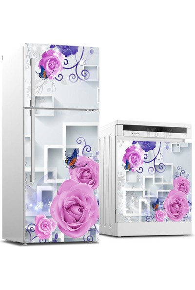 Sticker Art Buzdolabı ve Bulaşık Makinası Beyaz Eşya Sticker Kaplama Mor Gül