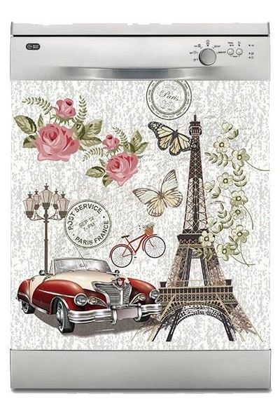 Sticker Art Bulaşık Makinesi Sticker Kaplama Beyaz Eşya Kaplama Vintage Paris Çizim