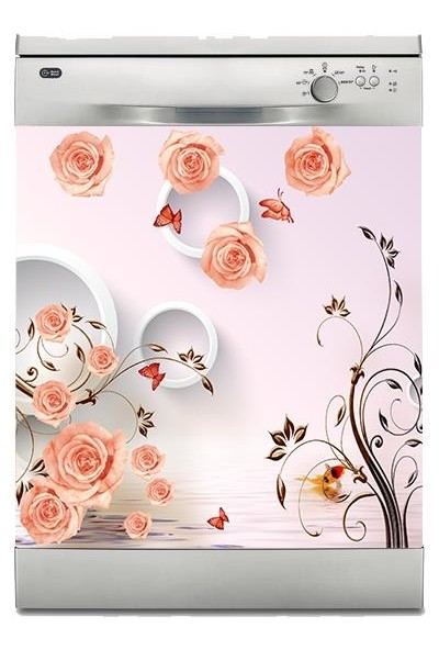 Sticker Art Bulaşık Makinesi Sticker Kaplama Beyaz Eşya Kaplama Pembe Çiçekler