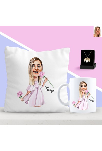 BK Kişiye Özel Kadın Karikatürlü Yastık Kupa ve Melek Kolye Seti-11 BK Kişiye Özel Kadın Karikatürlü Yastık Kupa ve Melek Kolye Seti-11
