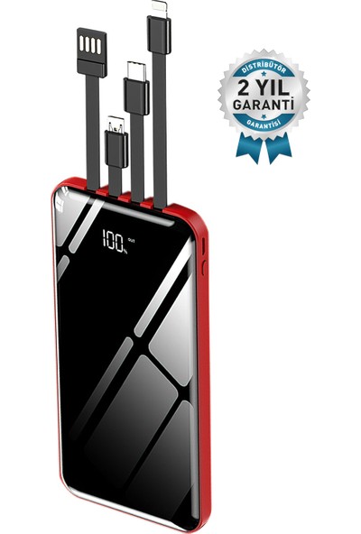 Intouch 10.000 mAh Prime Dijital Göstergeli Dahili Çoklu Kablolu Powerbank Kırmızı