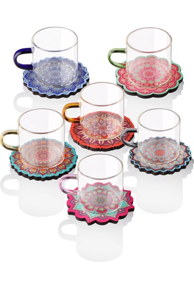 Queen's Kitchen 6 Adet Ateşe Dayanıklı Cam Fincan ve 6 Adet Çini Desenli Bardaklık