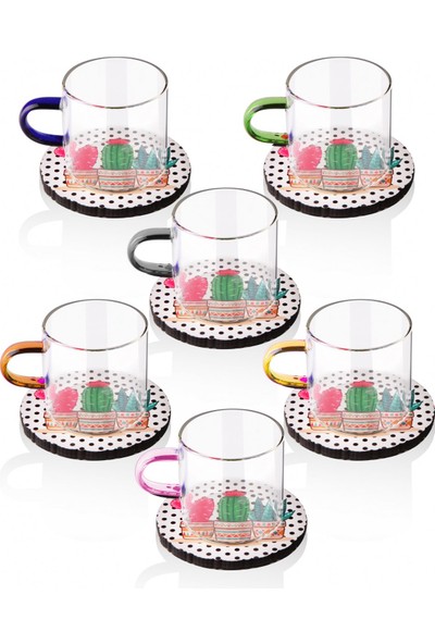 Queen's Kitchen 6 Adet Ateşe Dayanıklı Cam Fincan ve 6 Adet Kaktüs Desenli Bardaklık Queen's Kitchen 6 Adet Ateşe Dayanıklı Cam Fincan ve 6 Adet Kaktüs Desenli Bardaklık