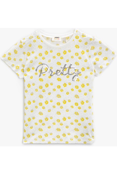 Koton Kids Çiçekli T-Shirt Pamuklu Kısa Kollu Bisiklet Yaka Pullu