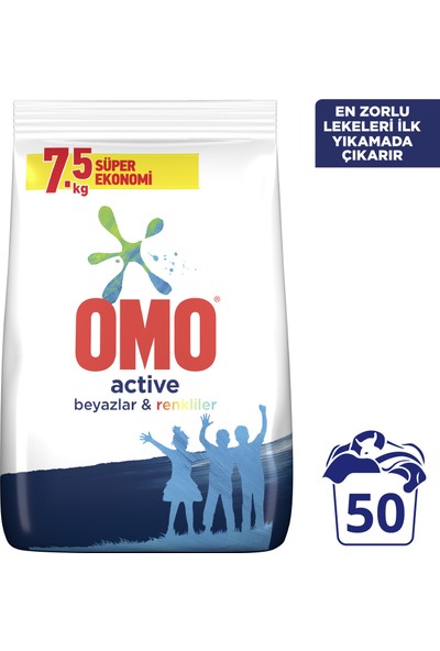 Omo Active Toz Çamaşır Deterjanı Beyazlar ve Renkliler İçin 7.5 KG 50 Yıkama 1 Adet Omo Active Toz Çamaşır Deterjanı Beyazlar ve Renkliler İçin 7.5 KG 50 Yıkama 1 Adet