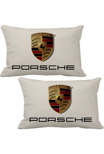 Asr Porsche 2 Li Lüks Araç Boyun Yastığı Bej ve Ahşap Logo Anahtarlık