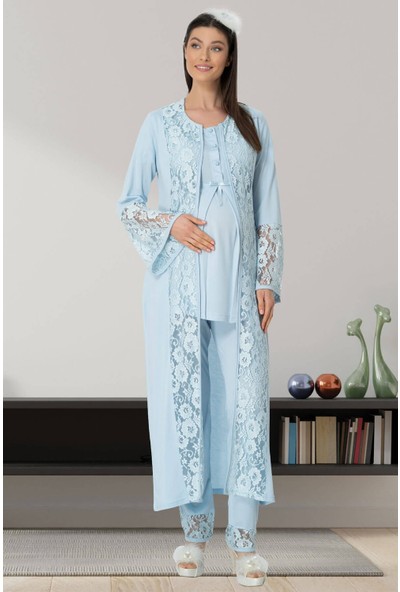 Mecit Pijama Mecit 5443 Mavi Lez Dantelli Sabahlıklı Lohusa Pijama Takımı
