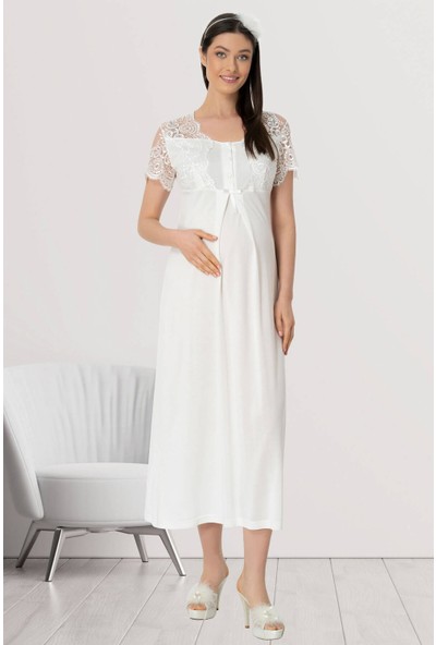Mecit Pijama Mecit 5442 Ekru Dantelli Lohusa Gecelik Mecit Pijama Mecit 5442 Ekru Dantelli Lohusa Gecelik