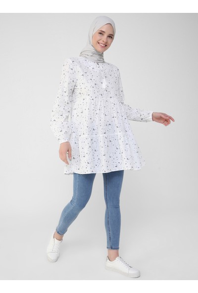 Doğal Kumaşlı Çiçek Desenli Tunik - Beyaz - Benin Doğal Kumaşlı Çiçek Desenli Tunik - Beyaz - Benin