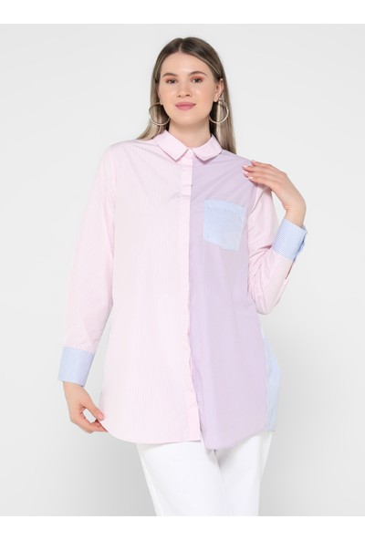 Büyük Beden Çizgili Tunik - Toz Pembe Lila Mavi - Alia