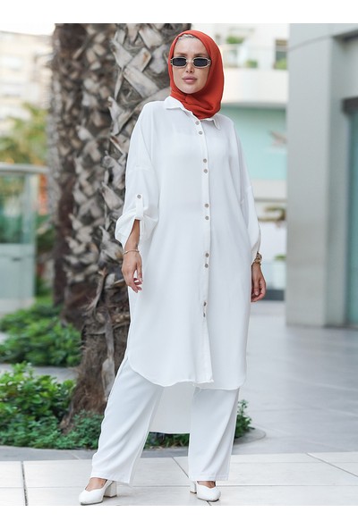 Aerobin Boydan Düğmeli Salaş Tunik - Beyaz - Por La Cara