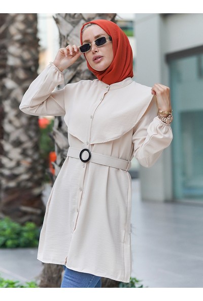 Beli Kemerli Pelerinli Aerobin Tunik - Taş - Por La Cara