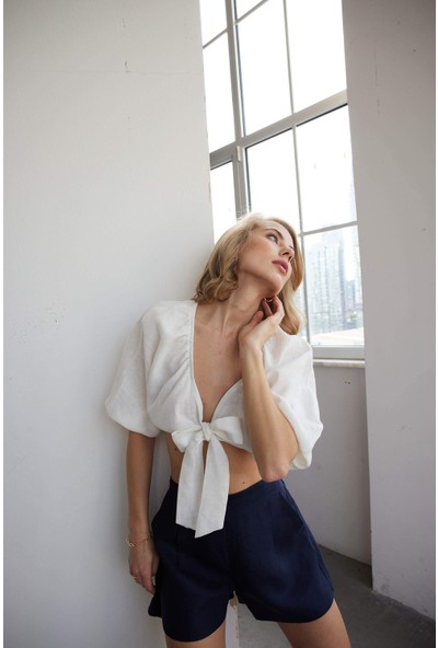 Vatkalı Bağlamalı Keten Bluz Ekru