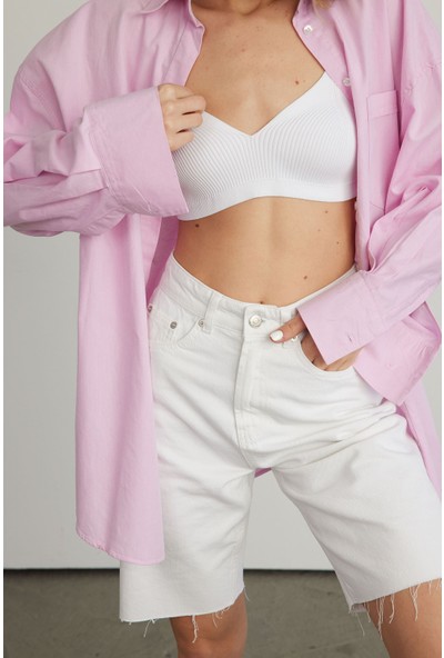 Vatkalı Denim Bermuda Şort Beyaz Vatkalı Denim Bermuda Şort Beyaz