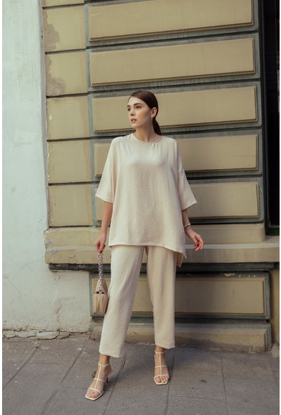 Sobasic Taş Rengi Keten Viskon Comfort Ikili Takım STKM21005-2