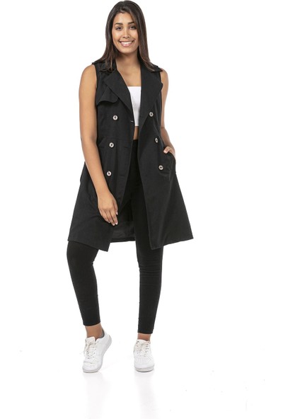 Disentis Modest Kruvaze Yaka Çift Cepli Omuzdan Apoletli Kuşaklı Astarlı Siyah Yelek Disentis Modest Kruvaze Yaka Çift Cepli Omuzdan Apoletli Kuşaklı Astarlı Siyah Yelek