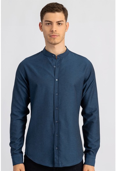 Tudors Slim Fit Dar Kesim Hakim Yaka Lacivert Erkek Gömlek