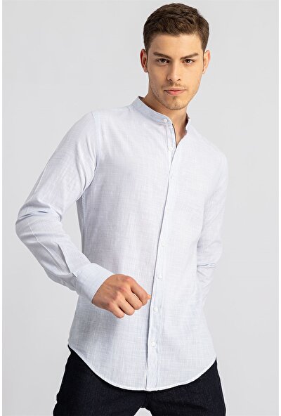 Tudors Slim Fit Dar Kesim Çizgili Hakim Yaka Flam Keten Gömlek