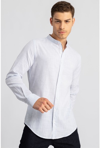 Tudors Slim Fit Dar Kesim Çizgili Hakim Yaka Flam Keten Gömlek
