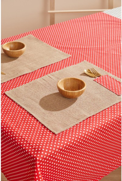 Ays Home Puantiyeli Kırmızı Masa Örtüsü ve Dörtlü Jüt Amerikan Servis Seti
