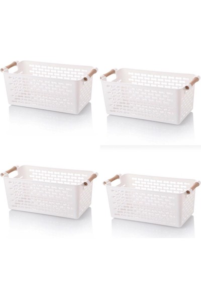 Yzhome 4 Lü 30CM Ahşap Kulplu Plastik Düzenleyici Sepet Beyaz Yzhome 4 Lü 30CM Ahşap Kulplu Plastik Düzenleyici Sepet Beyaz
