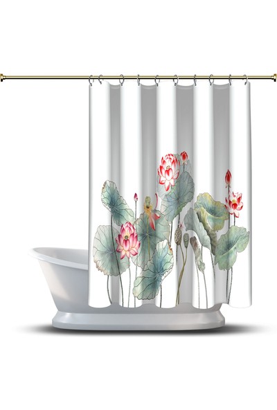 Assoshome Banyo Duş Perdesi Tasarım Dekor Lotus Nilüfer Çiçek Çizimi Renkli Dijital Baskılı En 175 cm