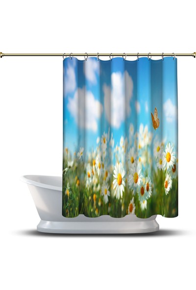 Assoshome Banyo Duş Perdesi Tasarım Dekor Kelebek Gökyüzü ve Bahar Papatya Dijital Baskılı En 175 cm