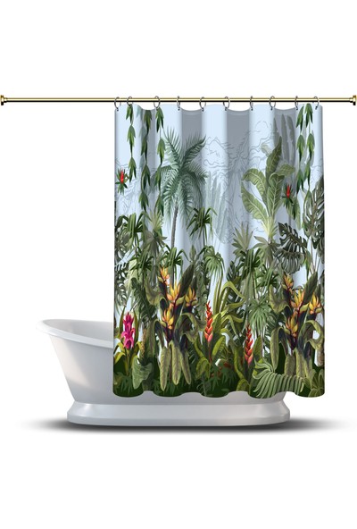 Assoshome Banyo Duş Perdesi Tasarım Dekor Tropikal Orman Ağaç ve Çiçek Dijital Baskılı En 175 cm