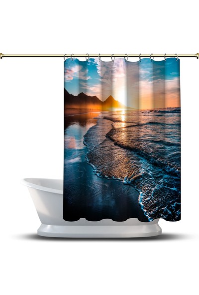 Assoshome Banyo Duş Perdesi Tasarım Dekor Köpüklü Dalgalar Plaj Gün Batımı Dijital Baskılı En 175 cm