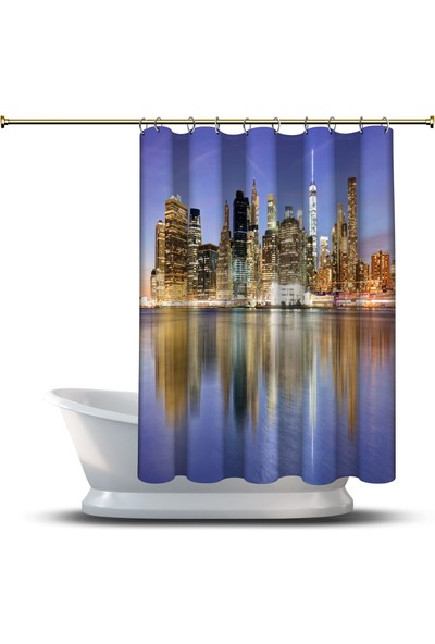 Assoshome Banyo Duş Perdesi Tasarım Dekor New York Şehir Manzara Gece Deniz Dijital Baskılı En 175 cm