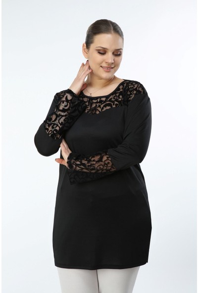Farbaplus Ispanyol Kol Siyah Büyük Beden Tunik 21B-1603