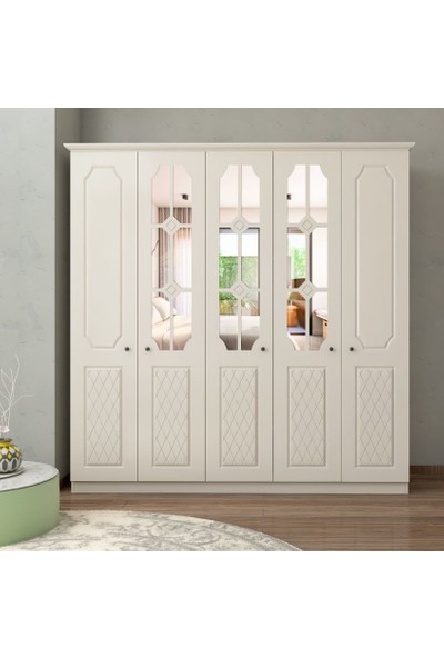 Zenio Aspendos 5 Kapaklı Aynalı Gardırop Beyaz Zenio Aspendos 5 Kapaklı Aynalı Gardırop Beyaz