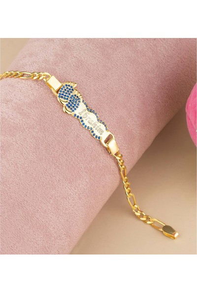 Else Silver Figaro Zincirli Ayaklar Gümüş Mavi Taşlı Isimli Çocuk Künyesi