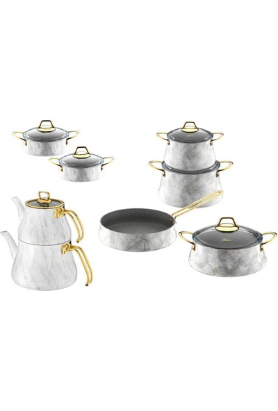 Brioni Mermer Beyaz 14 Parça Tencere Seti