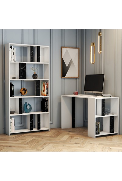 Variant Mobilya Variant Lima Çalışma Masası ve Kitaplık Takımı - Beyaz / Siyah Mermer Variant Mobilya Variant Lima Çalışma Masası ve Kitaplık Takımı - Beyaz / Siyah Mermer