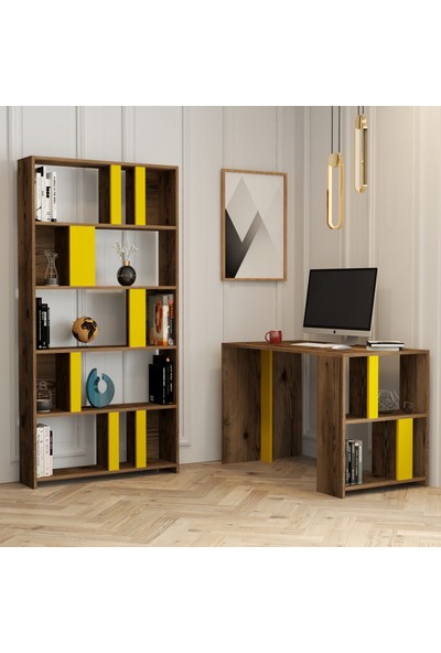 Variant Mobilya Variant Lima Çalışma Masası Ve Kitaplık Takımı - Ceviz / Sarı Variant Mobilya Variant Lima Çalışma Masası Ve Kitaplık Takımı - Ceviz / Sarı