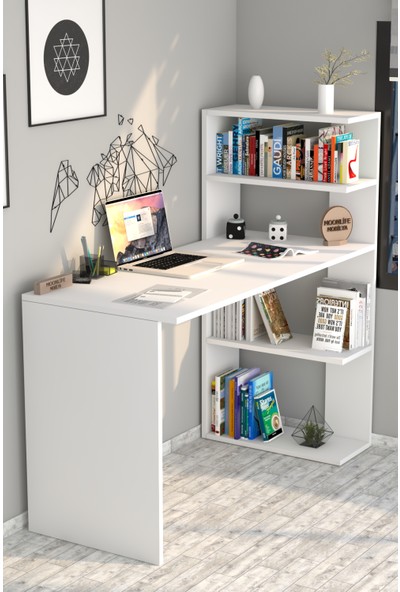 Moonlife Çınar Kitaplıklı Çalışma Masası Beyaz