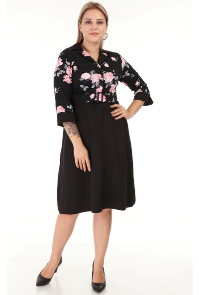 Piano Luce Kadın Büyük Beden Kemerli Truvakar Kol Ofis Elbise Siyah 1630 Piano Luce Kadın Büyük Beden Kemerli Truvakar Kol Ofis Elbise Siyah 1630