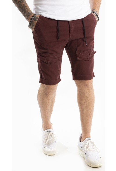 Deepsea Bordo Erkek Bağcıklı Bel Duble Paça Ön Cep Kapaklı Kargo Kapri 2010192