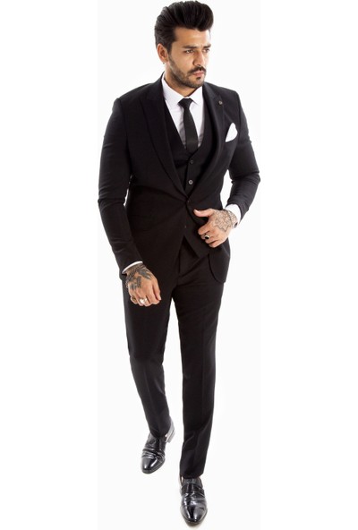 Deepsea Siyah Italyan Kesim Likralı Yelekli 3'lü Takım Elbise 2101404