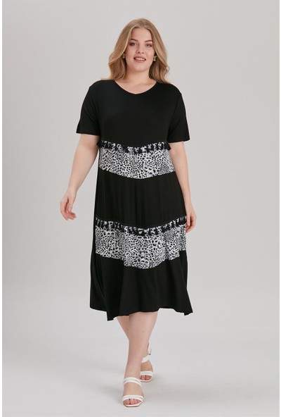 Mihramor Kadın Büyük Beden Kumaş Garnili Püsküllü Elbise Siyah