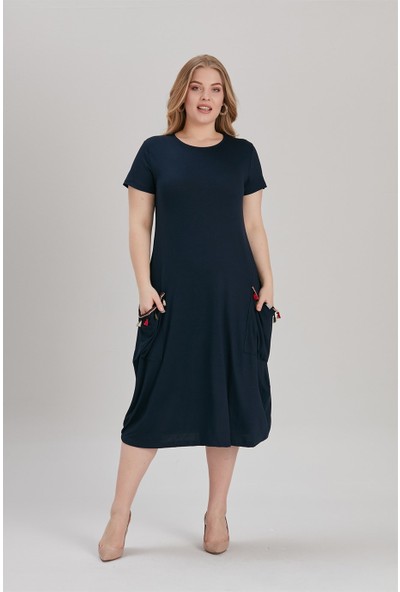 Mihramor Kadın Büyük Beden Cepleri Püsküllü Elbise Lacivert