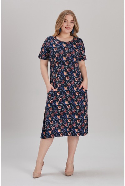 Mihramor Kadın Büyük Beden Çiçek Desenli Cepli Elbise Lacivert