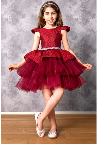 Riccotarz Kız Çocuk Kabarık Beli Pul Şeritli Fiyonklu Bordo Abiye